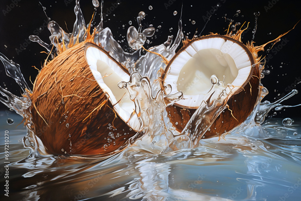 Two halfs of Coconut and water splashes. Cracked coconut nuts on water ...