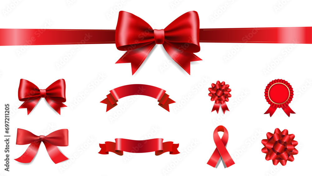 Red Ribbon Bow Realistic shiny satin with shadow horizontal ribbon for ...