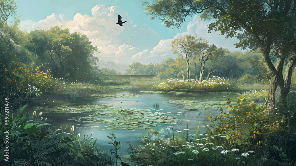 Wetland Wonderland: A serene wetland landscape teeming with diverse ...