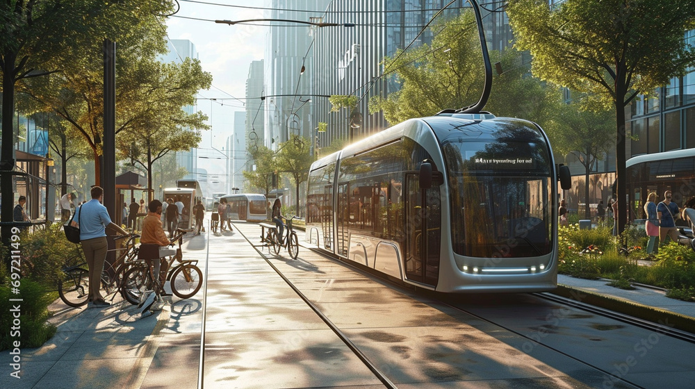 Eco-friendly Transportation: A bustling city street with electric buses ...