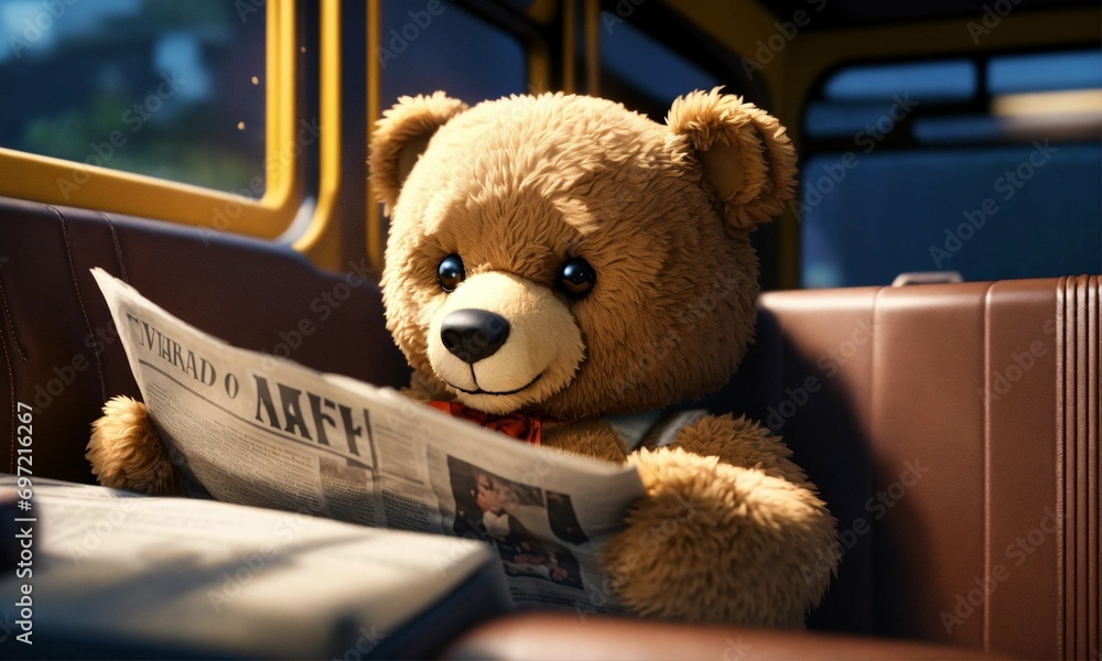Cute teddy bear reading newspaper in the bus, unreal engine render, 8k ...