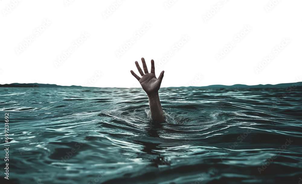 hand reaching out of the sea in seek of help. Drowning in despair ...