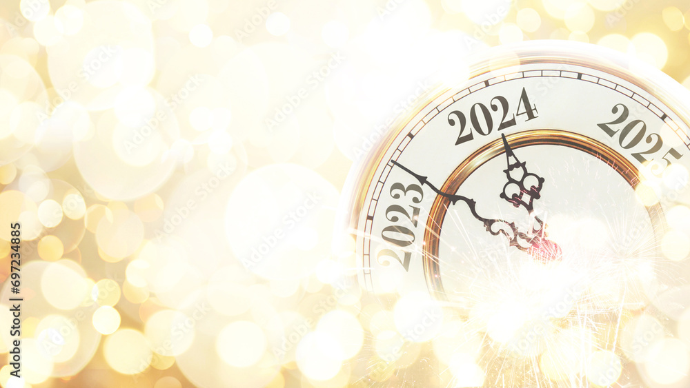Vintage gold clock points to 2024 New Year on a beige bokeh background ...
