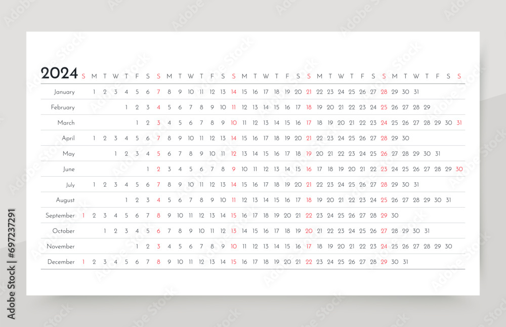 Linear 2024 calendar. Horizontal planner template. Yearly long calender ...