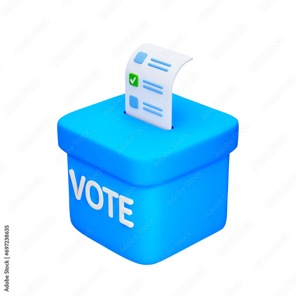 3D Cartoon Ballot Box and Putting in it Ballot Paper with Check Mark ...