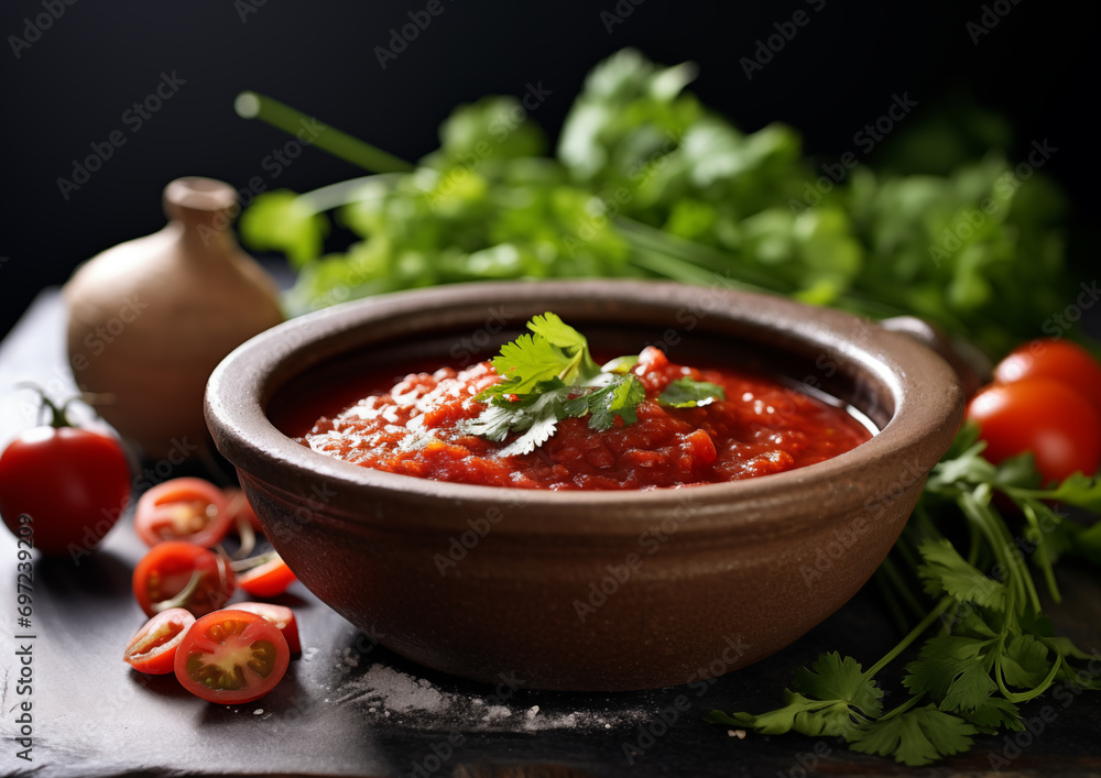 Delicious Mexican salsa sauce with vegetables and greens. Traditional ...