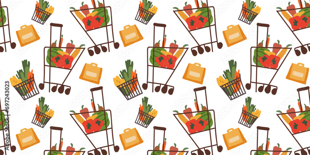 Seamless pattern with basket and trolley of vegetables, grocery set ...