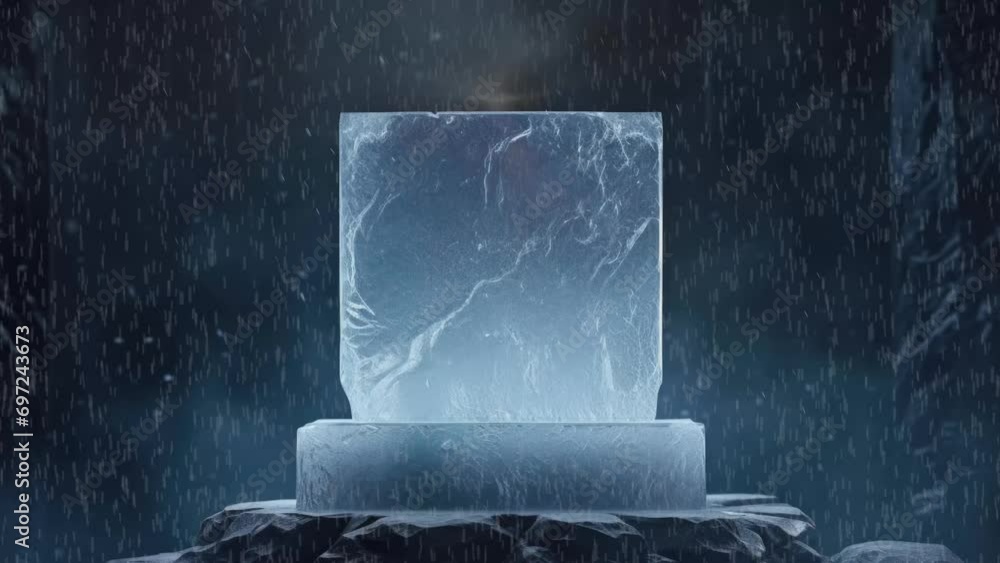 Animated mockup, photorealistic carved ice podium with animated snow on ...
