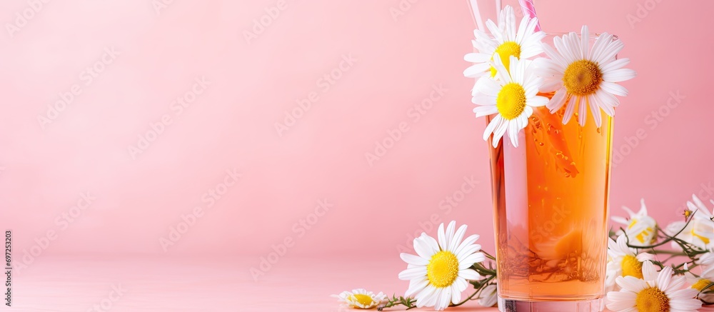 Refreshing pink ice tea made from chamomile and omija, with vertical ...
