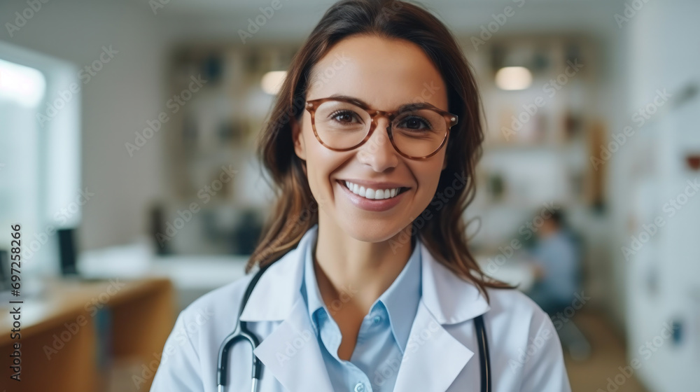 Confident young female physician standing in medical office. Proud ...