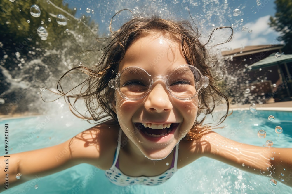 A happy girl, swimming and diving underwater in diving glasses. having ...