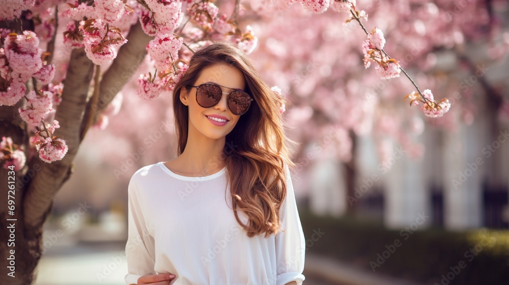 Beautiful smiling girl in an outdoor portrait, posed in front of pink ...