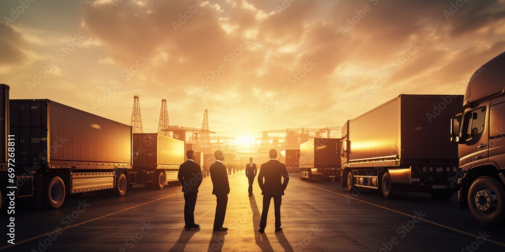 A group of men standing next to trucks. This image can be used to ...