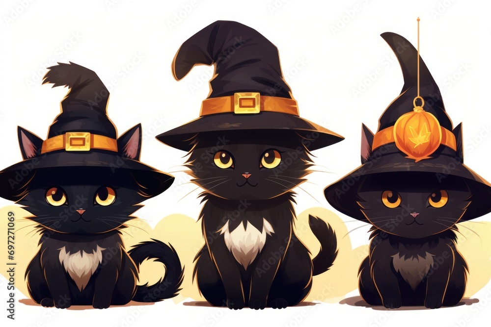 Three black cats wearing witches hats sitting next to each other ...