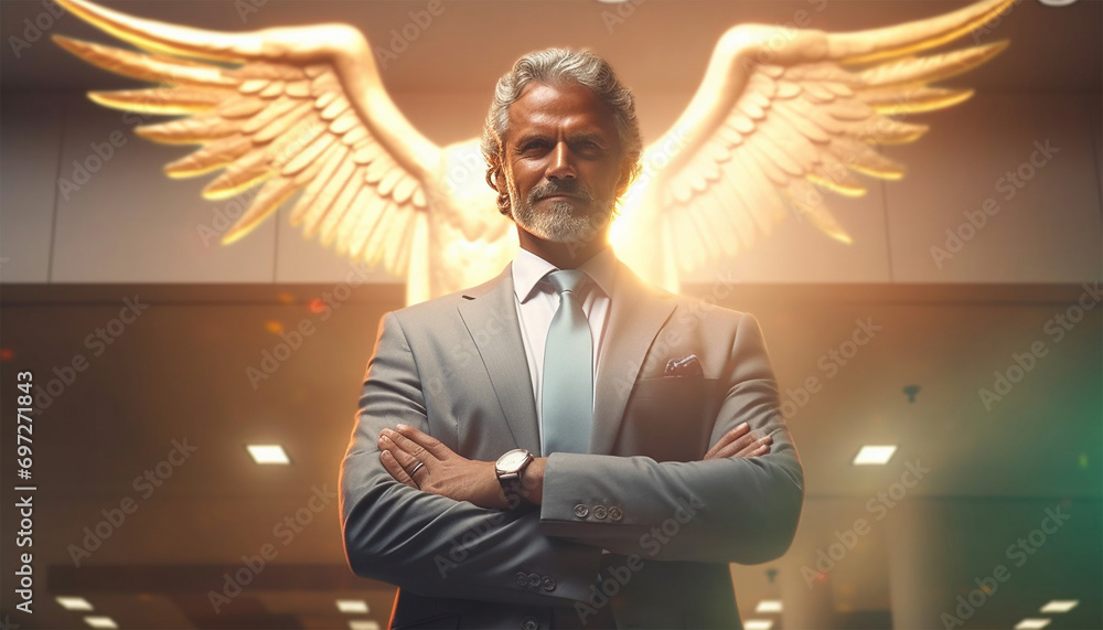 Successful boss with shining lights on the background. Young serious ...