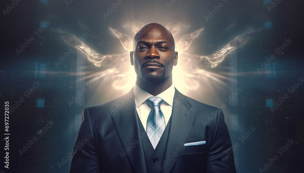 Successful boss with shining lights on the background. Young serious ...