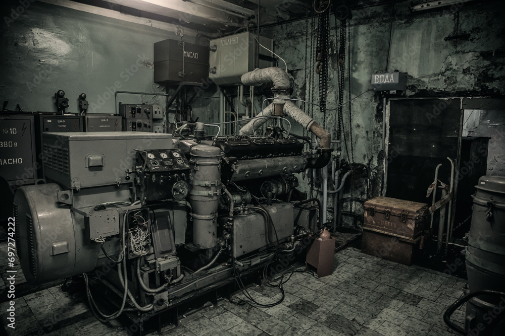 Old diesel generator in an abandoned building. Big mechanism. Room with ...