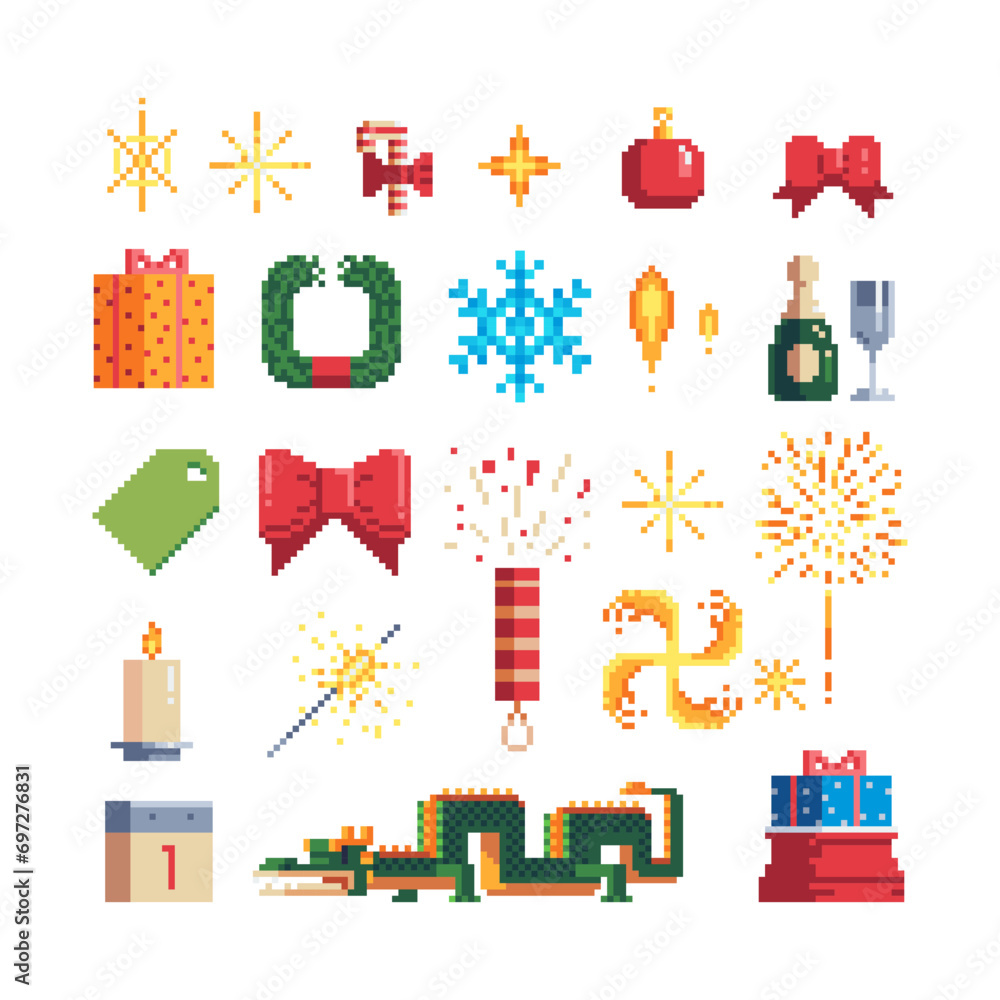 Set of vector pixel art xmas icons. Snowflake, Christmas tree, Santa ...