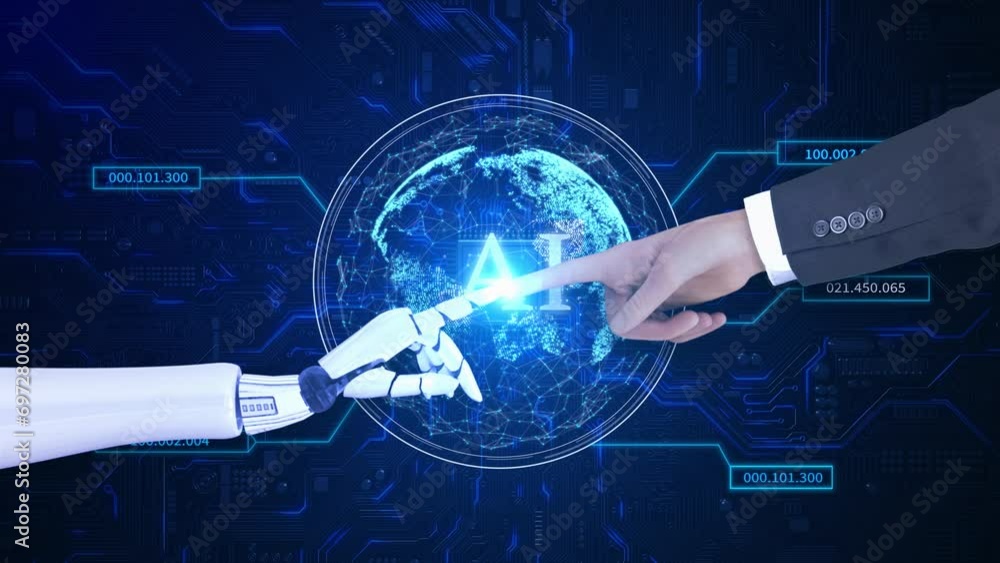 4K Ai Human and robots, Virtual reality, Visualization AI, AR, VR, Global network and data ...