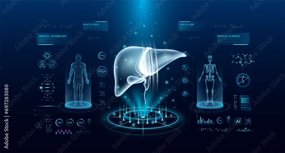Liver health care technology with scan virtual interface hologram style ...