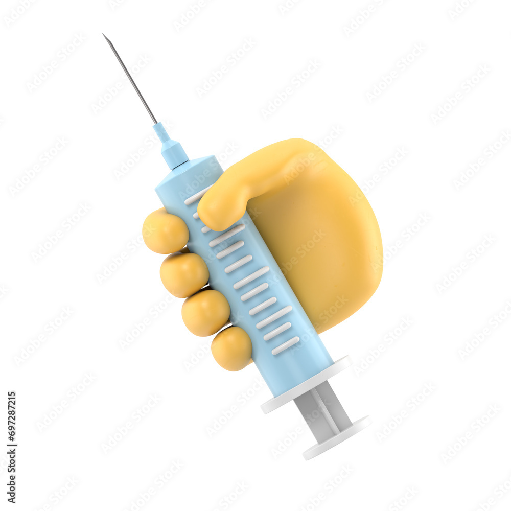 3d render. Doctor cartoon hand holding big syringe with vaccine against ...