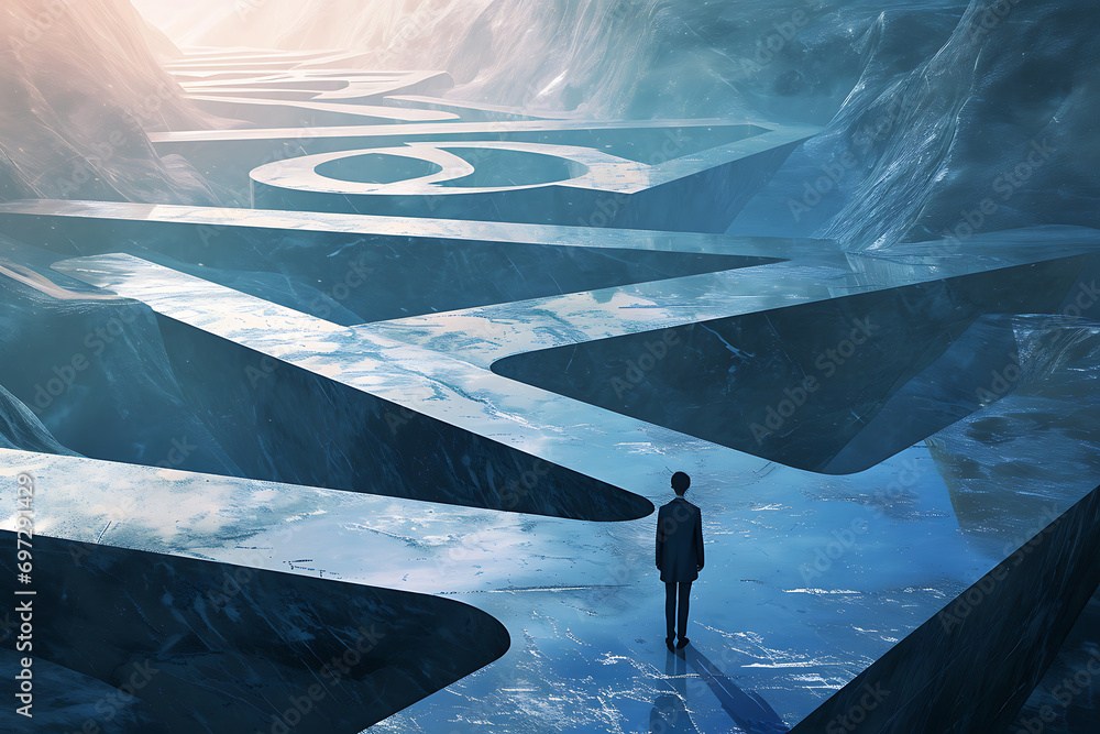 An image of a businessperson standing at a crossroads, with multiple paths leading to different ...