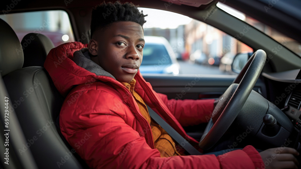 Dark-skinned serious teenager driving a car learns driving in a driving ...