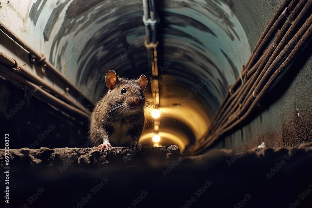 Rat in a dirty underground sewer tunnel. The rat is looking for food ...