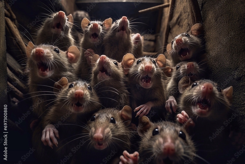 Invasion of rats in basements and tunnels of large cities. Close-up of ...