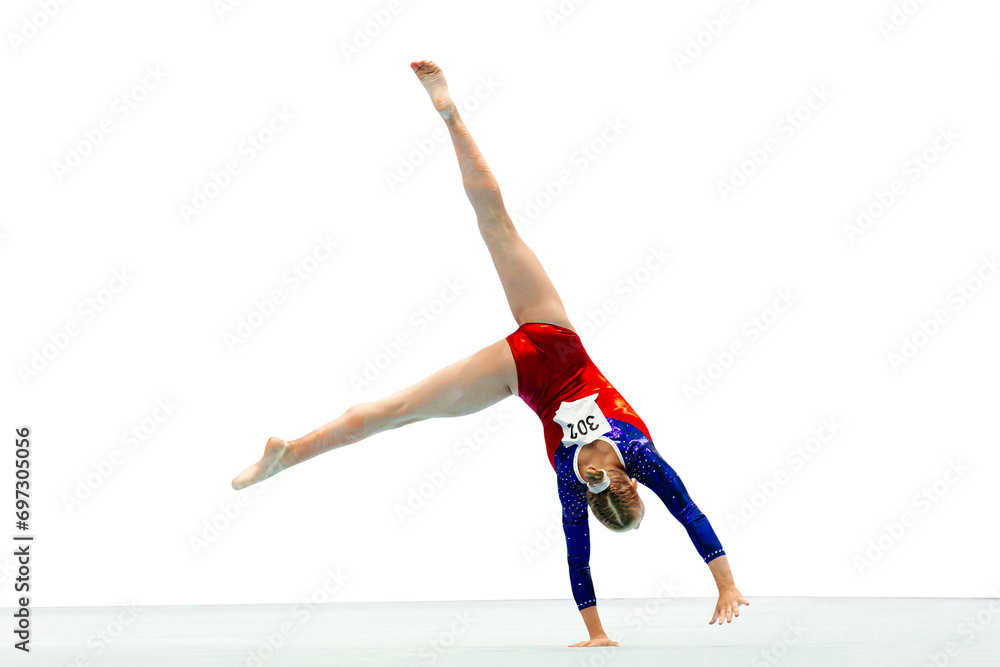 woman gymnast performing acrobatic on floor gymnastics, isolated on ...