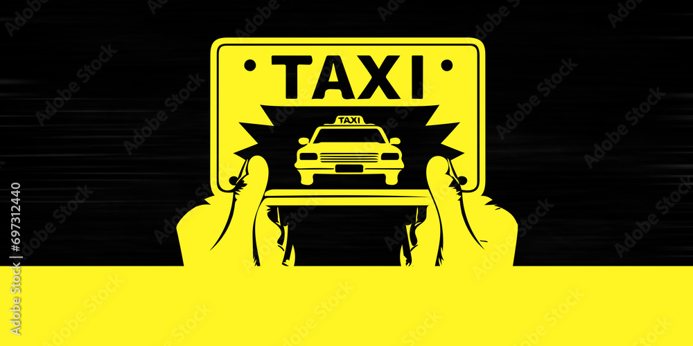 The image depicts hands holding a taxi sign with a car icon, against a ...