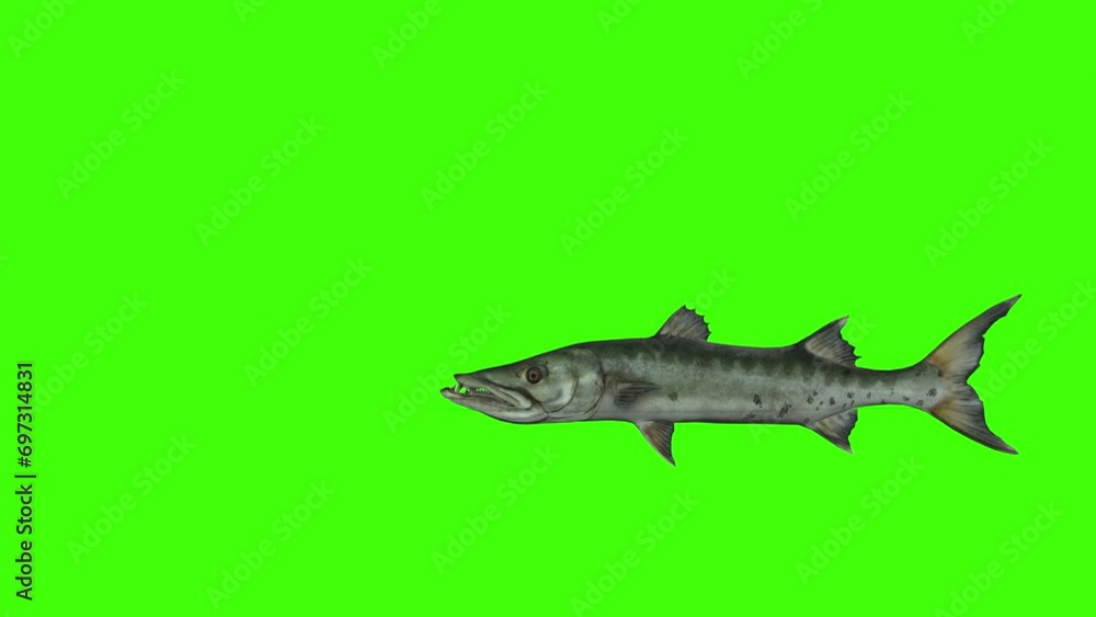 3D Barracuda fish Swim side view entering the left side and out on the ...