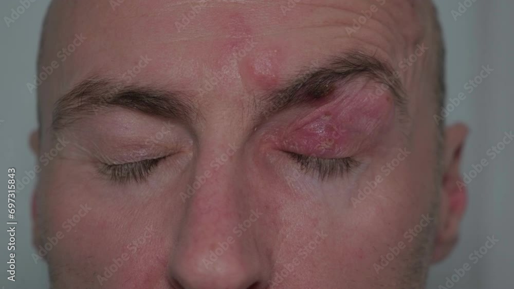 Man with painful shingles virus. Lumps and blisters on his face, head and above his eye. Stock ...