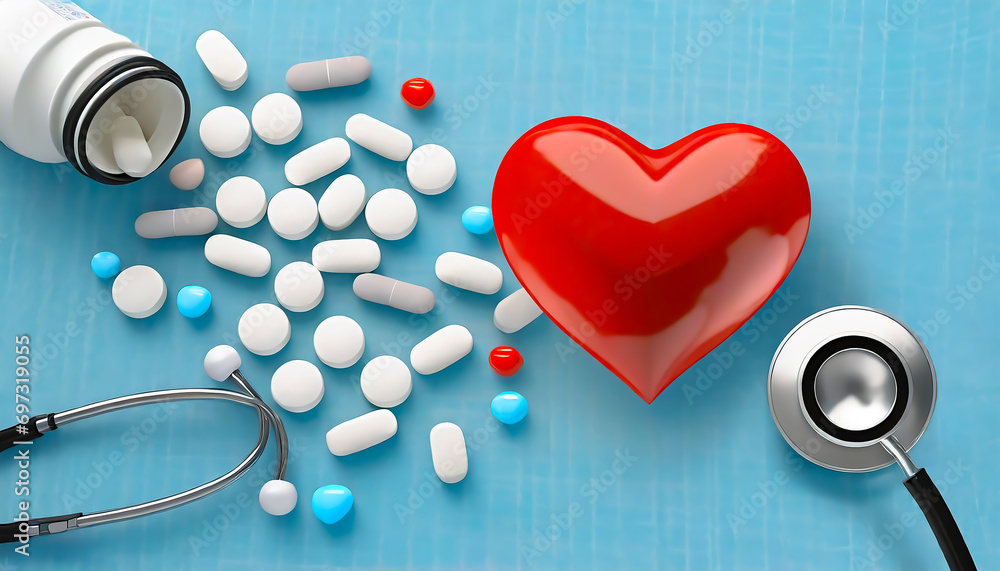 CORAZON ROJO Y FRASCO CON PASTILLAS DESPARRAMADAS Y ESTETOSCOPIO Stock ...