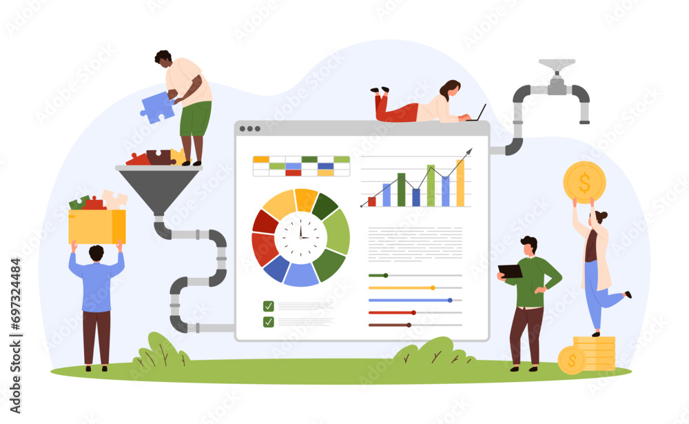 Data analysis, analytics and audit. Tiny people putting puzzle pieces ...