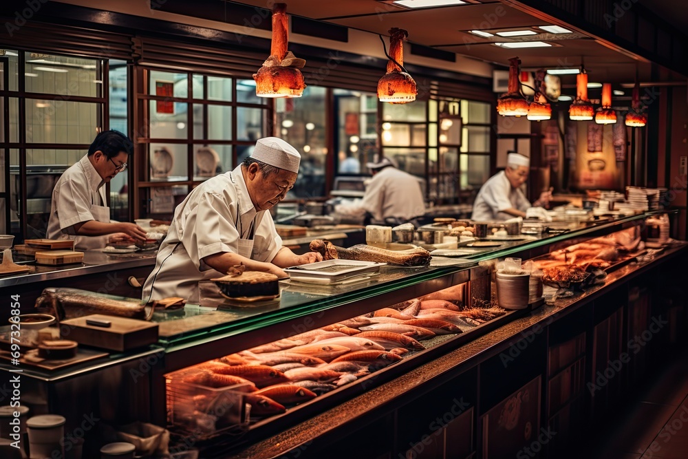 Japanese chef cooking in a restaurant kitchen in Tokyo, Japan, Asia, AI ...