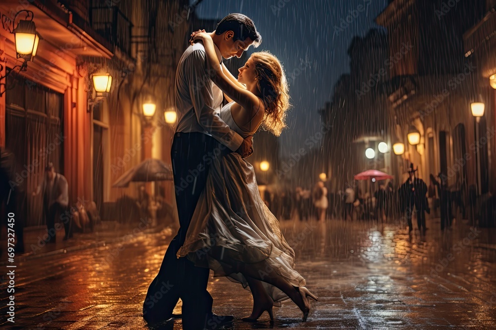 Beautiful couple dancing tango in the rain on the street, AI Generated ...