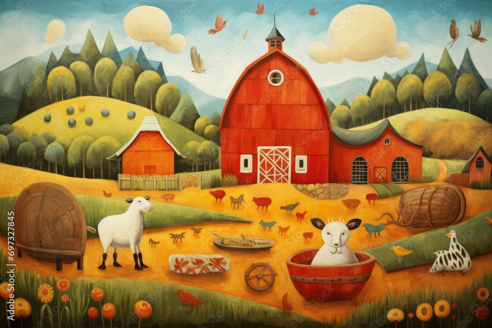 Cartoon farm scene with red barn, sheep and haystacks, A cute farm ...