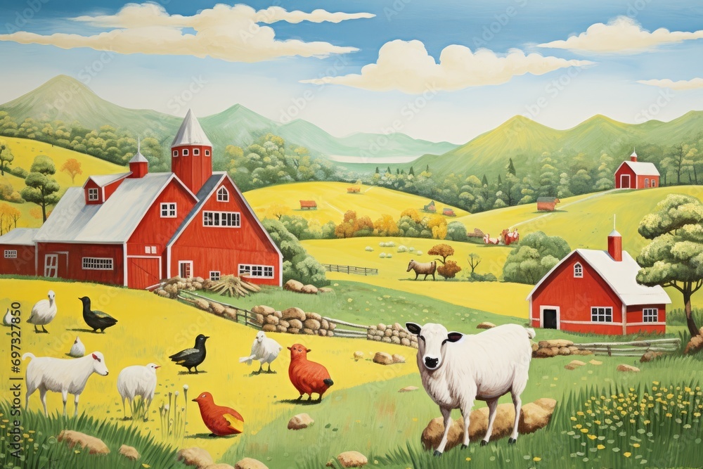 Cartoon farm scene with farm animals on the meadow - illustration for ...