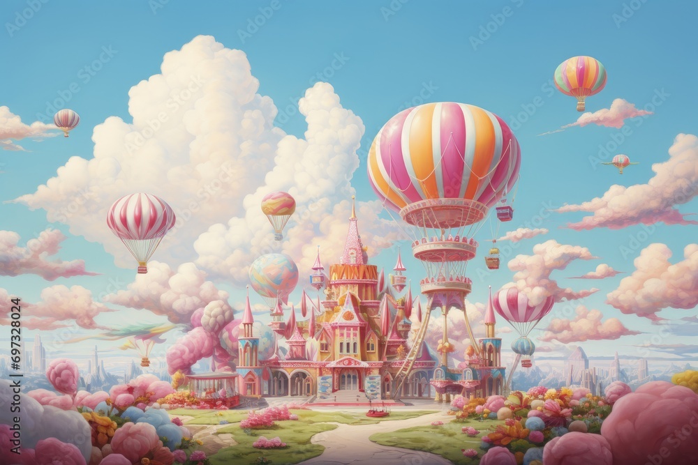 Fantasy fairy tale castle with hot air balloons flying in the sky ...