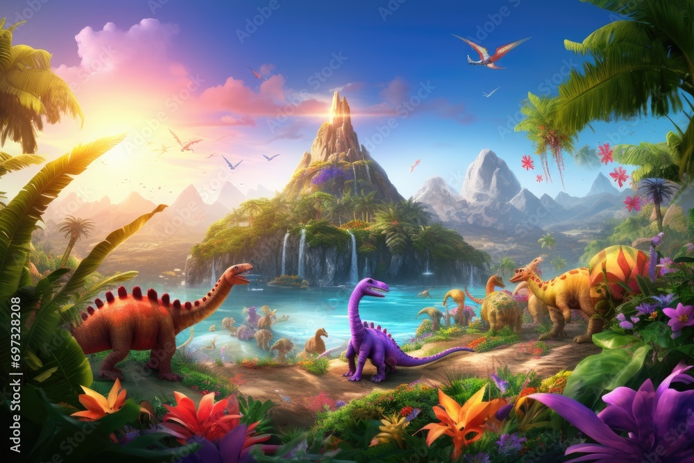 Fantasy landscape with dinosaurs in the jungle. 3D illustration, A ...