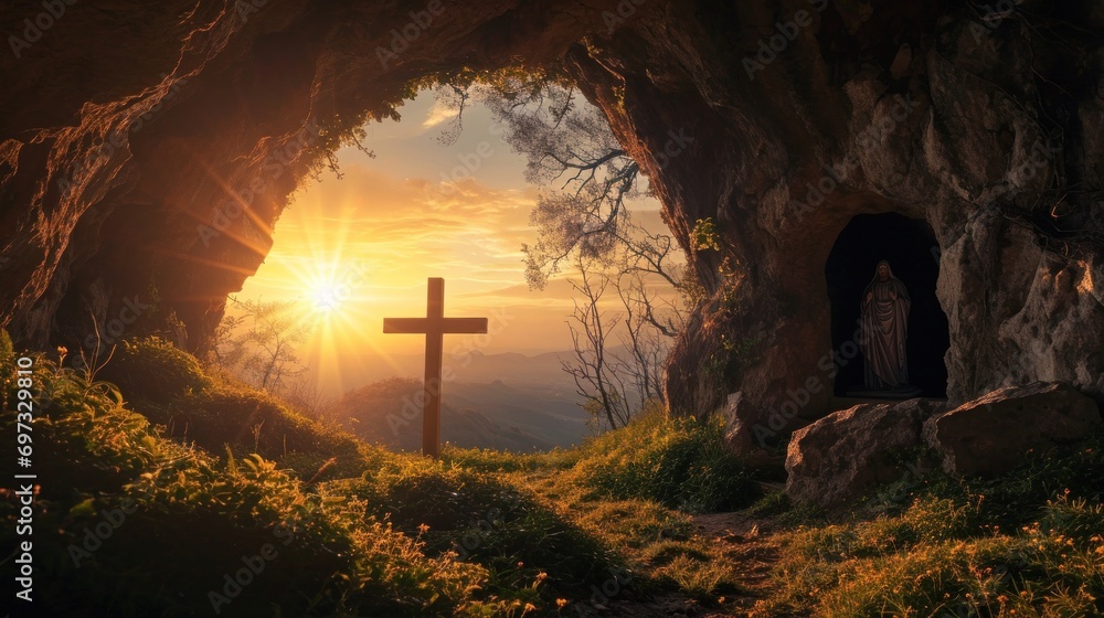 The cross as a symbol of redemption, set against the warm hues of a ...