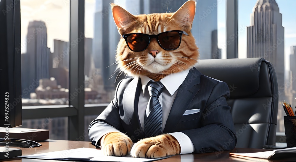 Cat boss wearing stylish sunglasses and suit with a tie. Generative AI ...