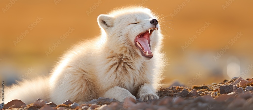 Red Arctic fox in Chukotka, Siberia, yawning and displaying long tongue ...