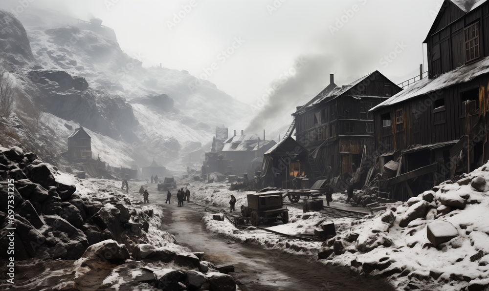 Open-pit mining site, surrounded by snow and frozen soil, with ...