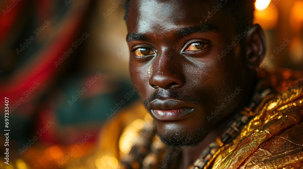 muscular african male model with sparkling hazel eyes reclining in a ...