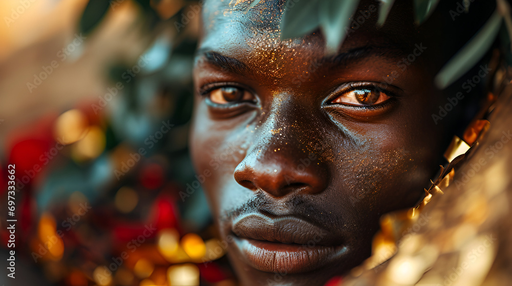 muscular african male model with sparkling hazel eyes reclining in a ...