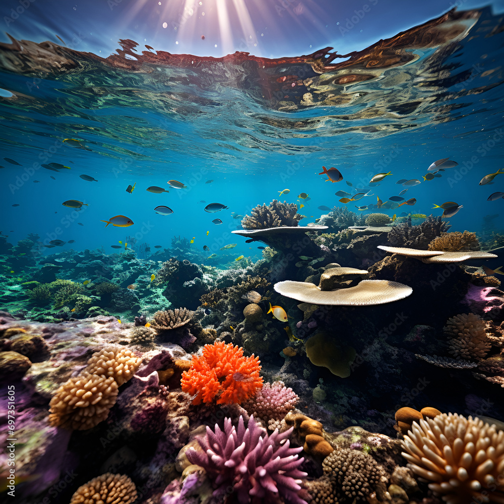 Colorful coral reef teeming with fish and marine life, Dive into the ...