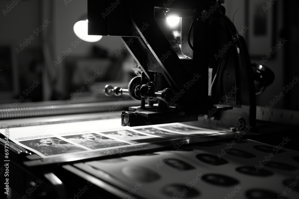 Focus on the details of an enlarger in operation, projecting images ...