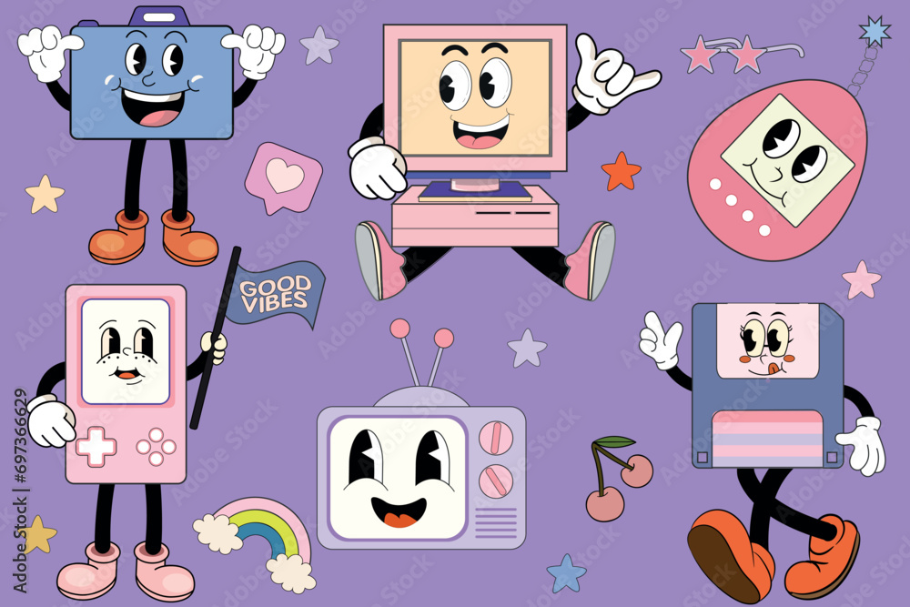 Vecteur Stock Back to 90s party cute charactres set in flat. Poster ...